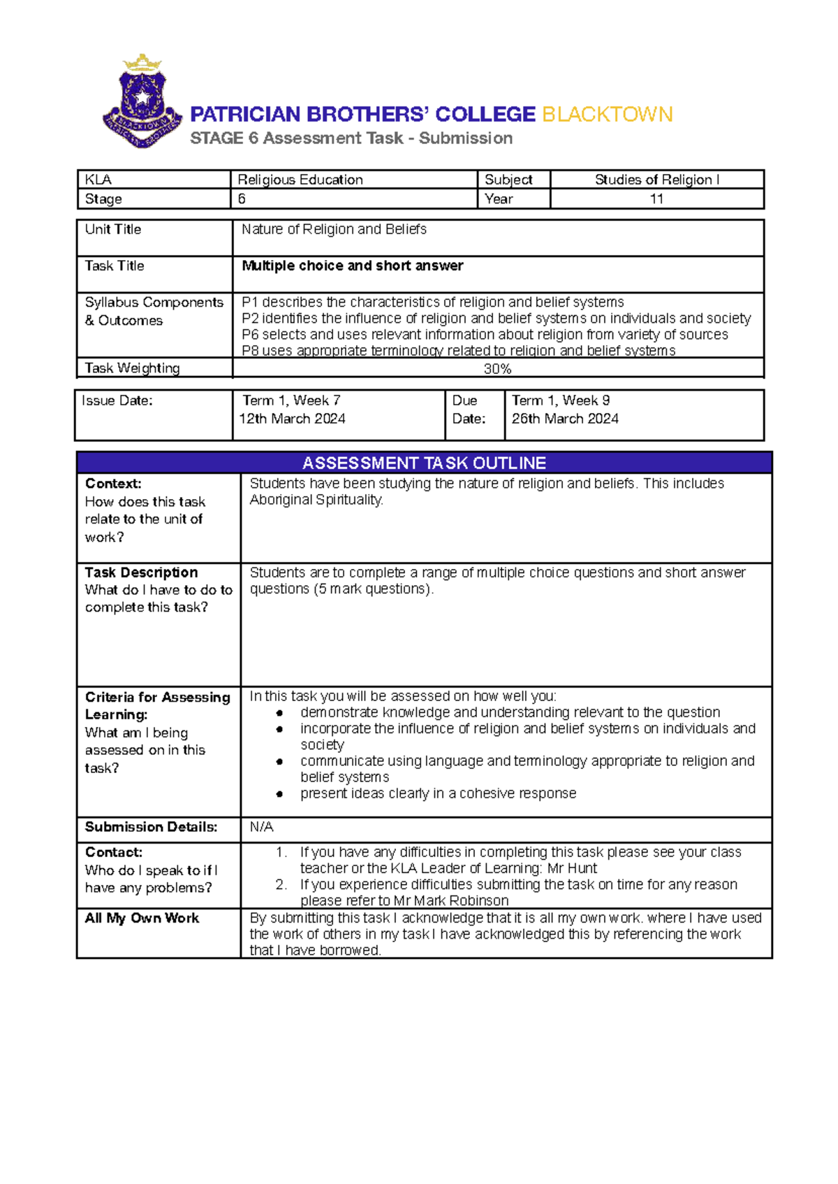 PATRICIAN COLLEGE BLACKTOWN Studies of Religion I Assessment Task ...