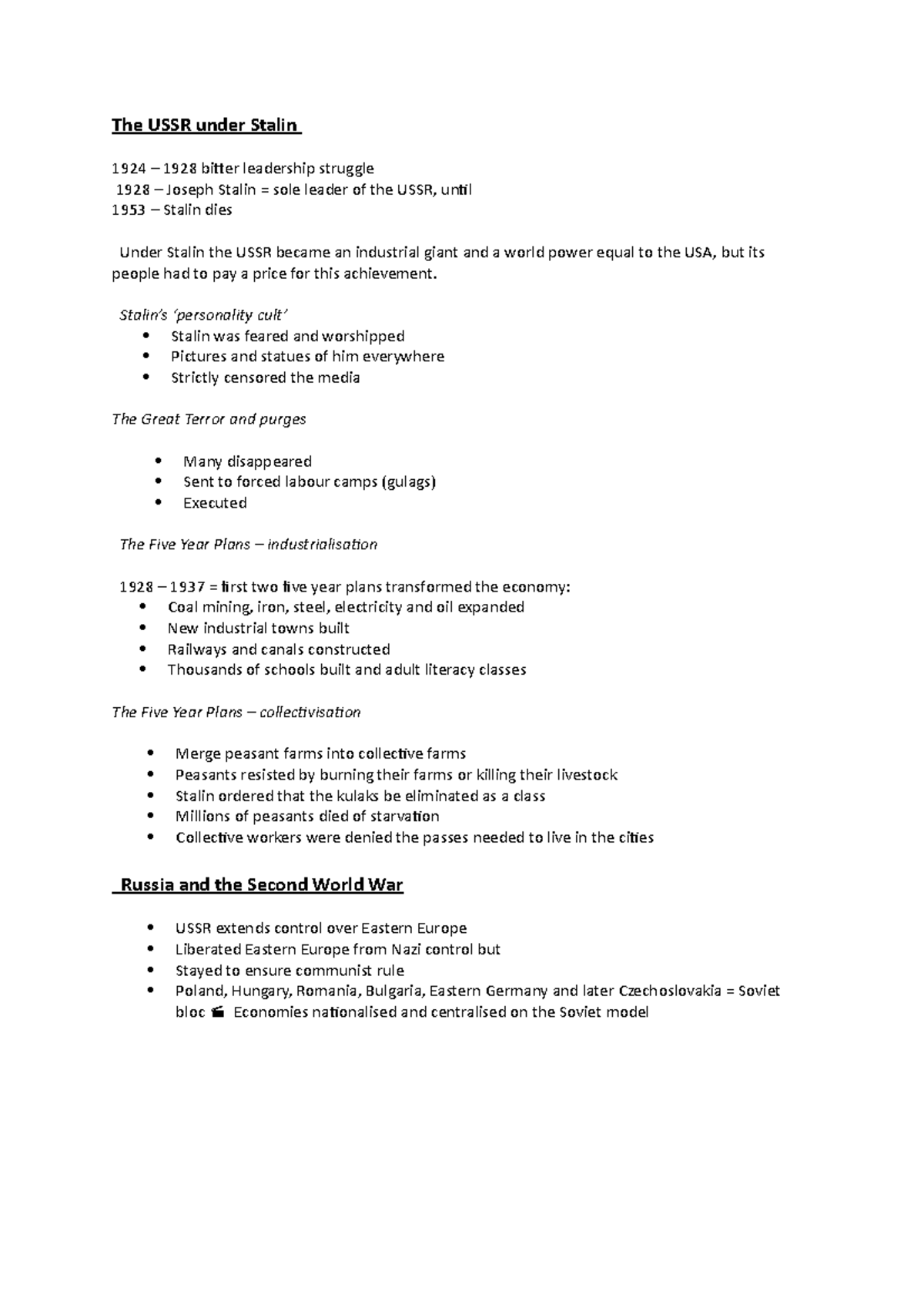 History - Class Summaries on the USSR under Stalin (Grade 11+) - Studocu