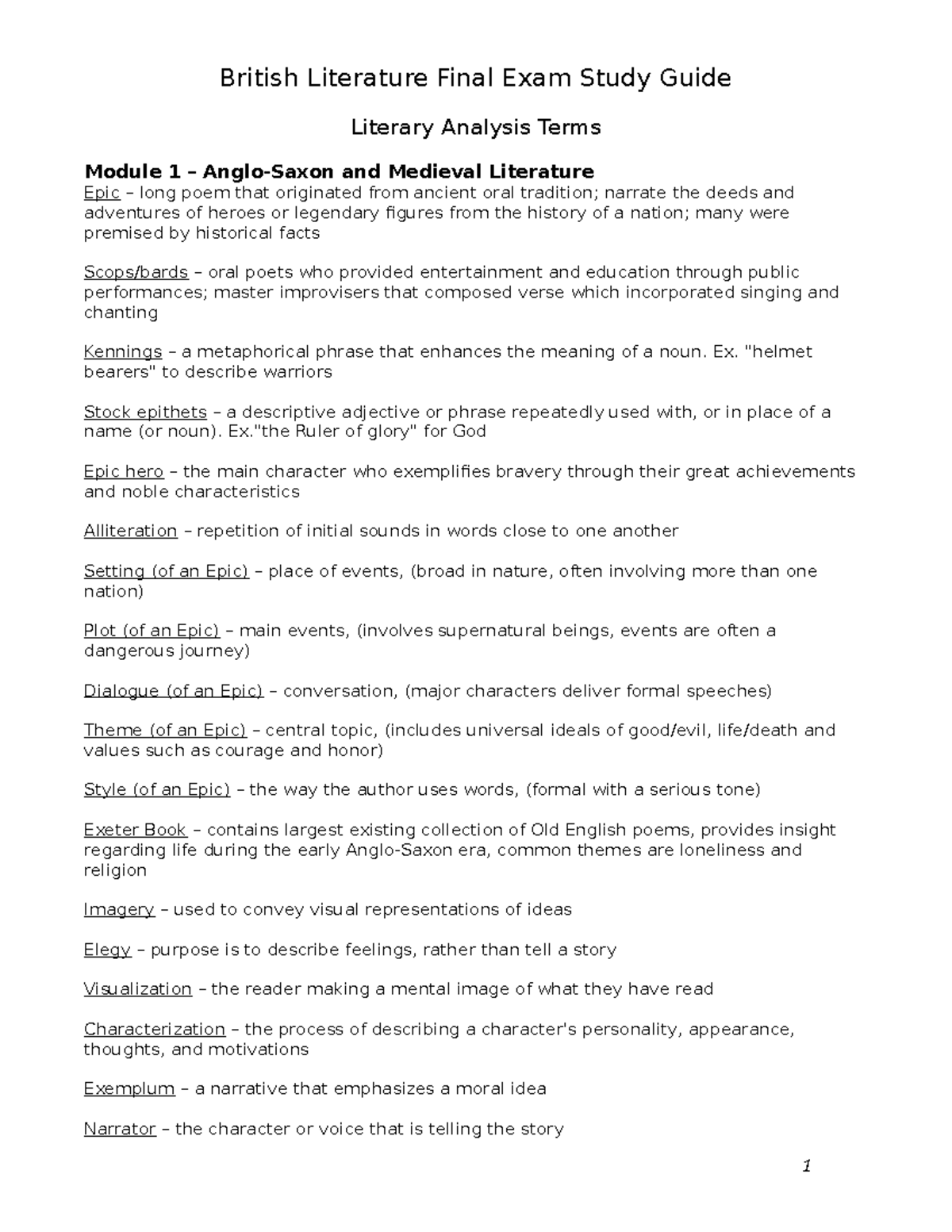British Literature Final Exam Study Guide: Key Literary Terms - Studocu