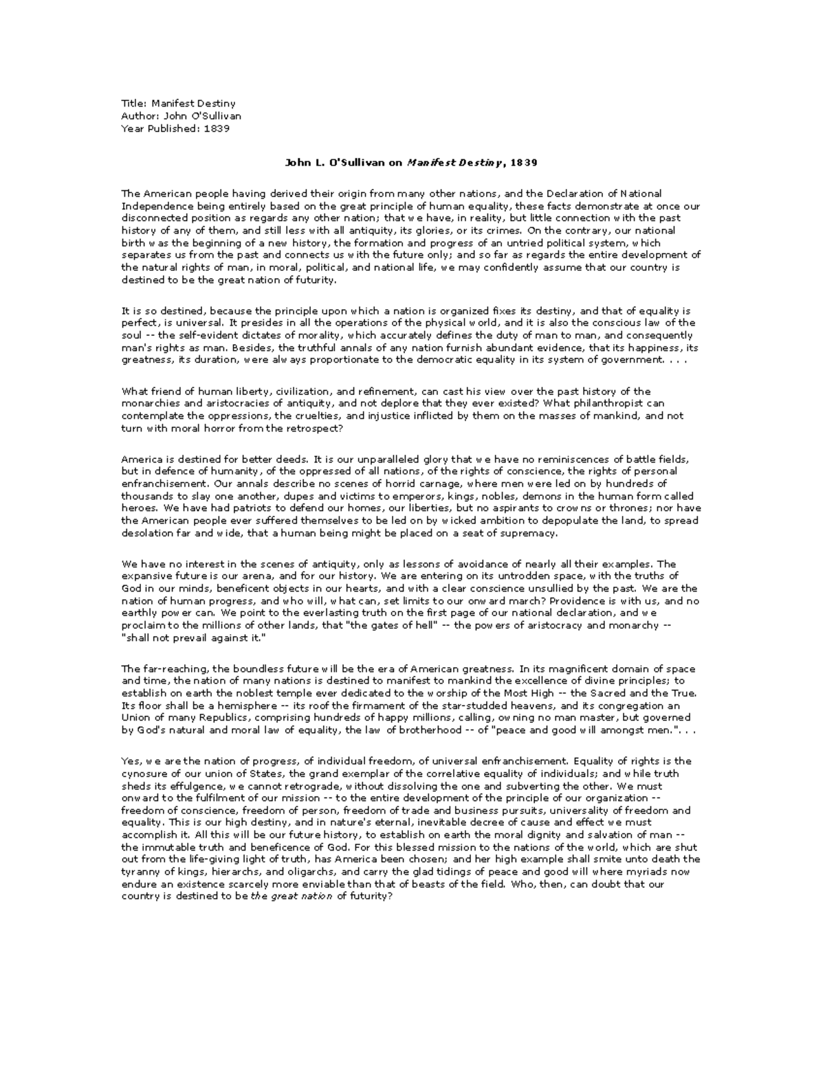 Manifest Destiny: John O'Sullivan's Perspective (1839) - Studocu