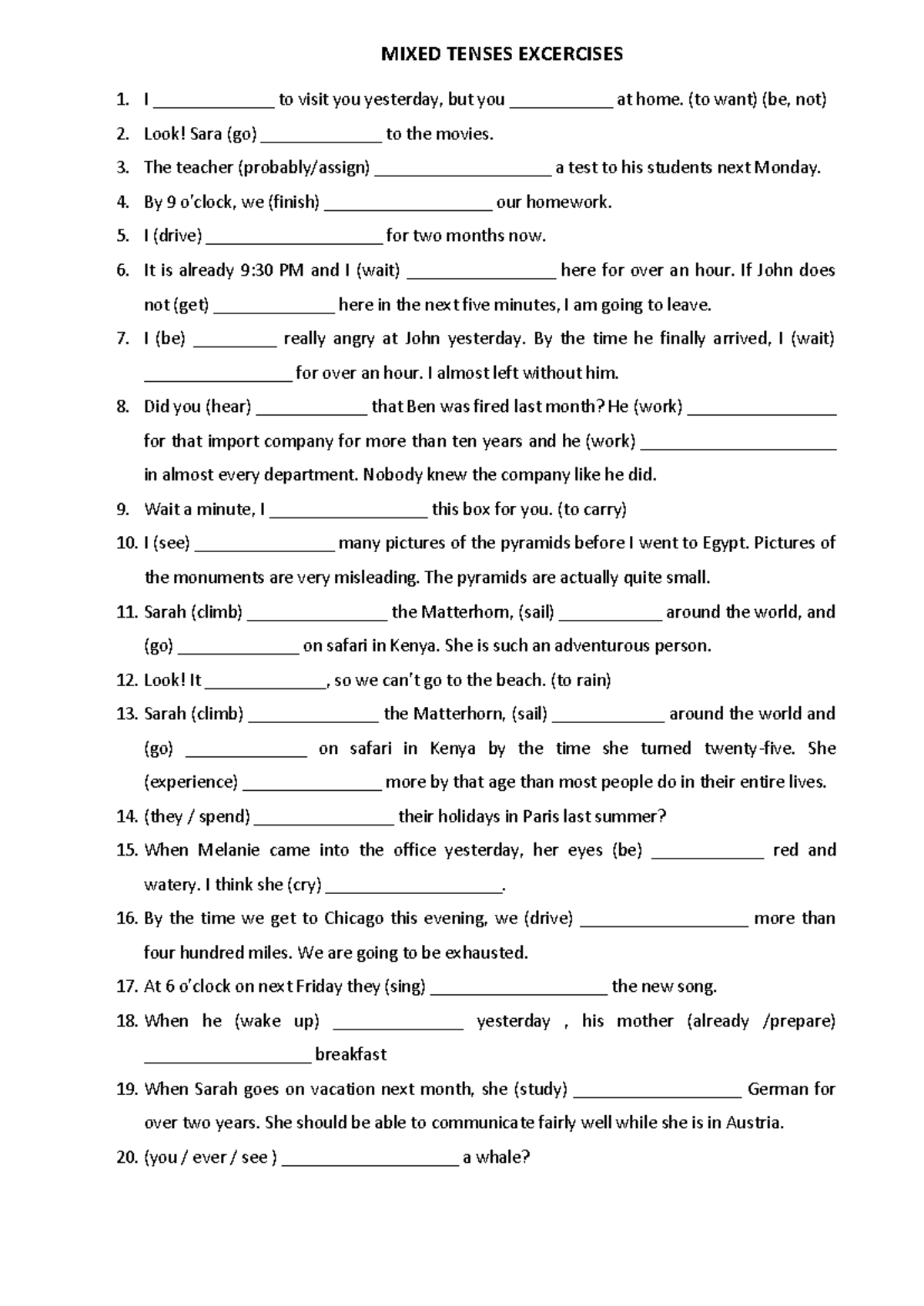 MIXED TENSES EXERCISES: GRAMMAR DRILLS (ENG 102) - Studocu