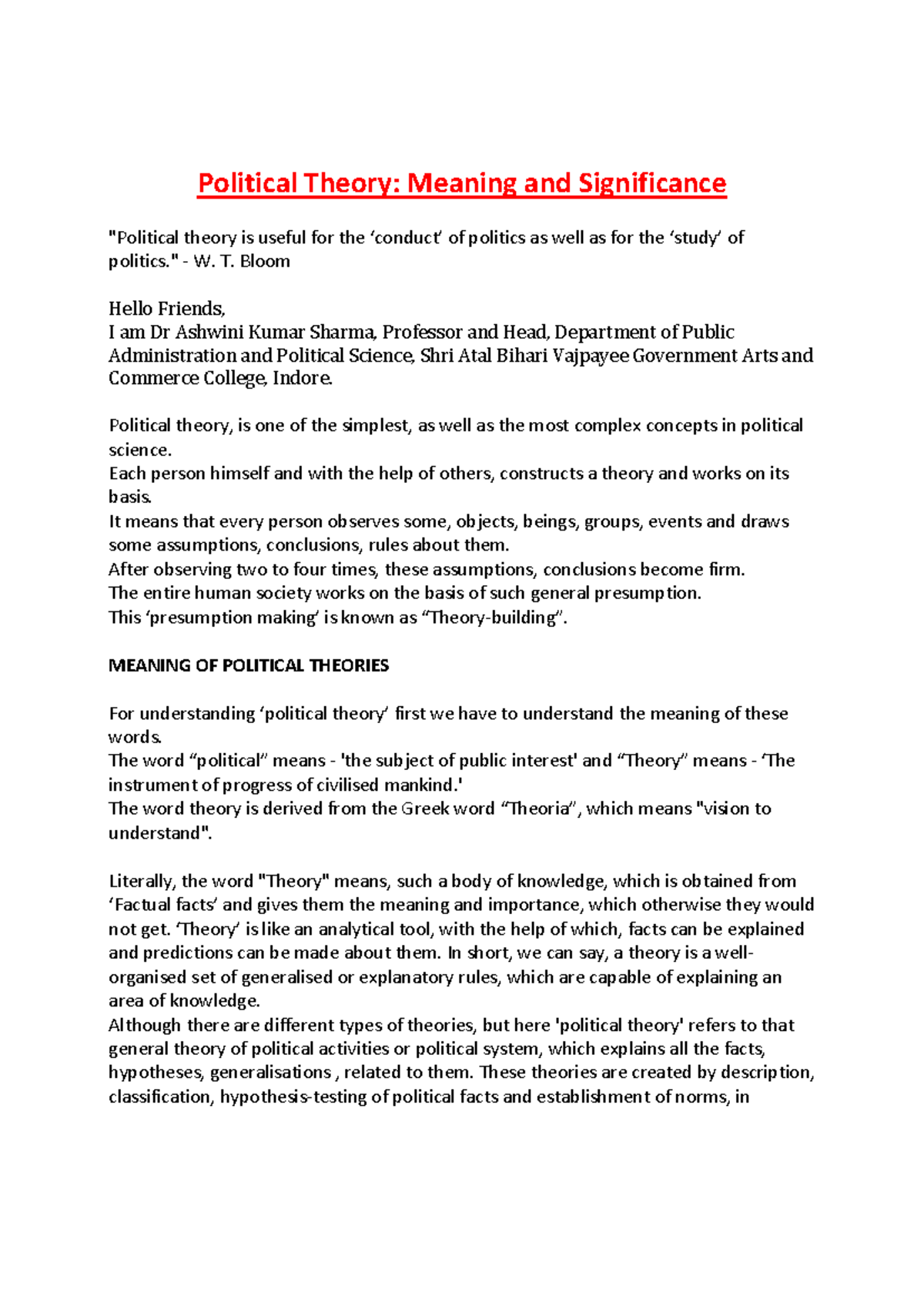 Political Theory: Meaning, Significance, and Modern Approaches - Studocu