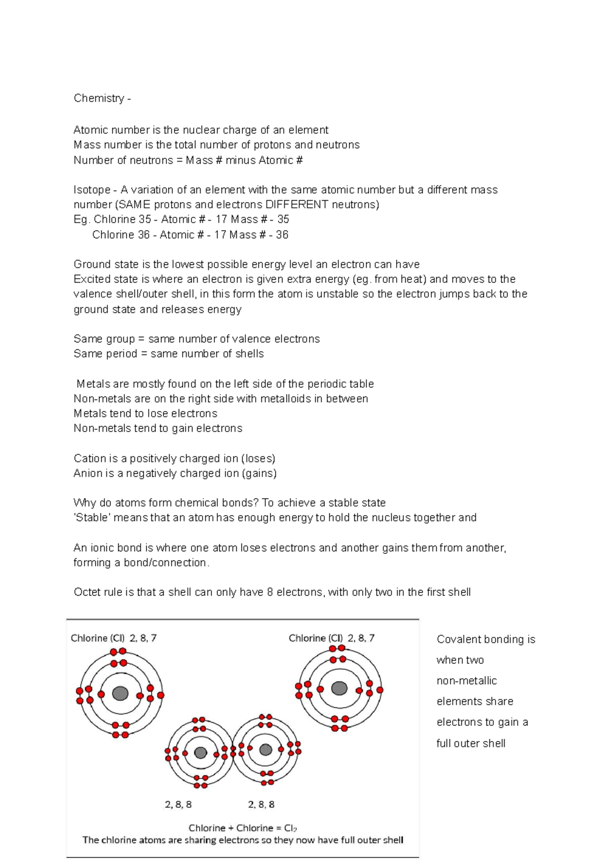 Chemistry Year 10: Key Concepts on Atoms and Chemical Bonding - Studocu