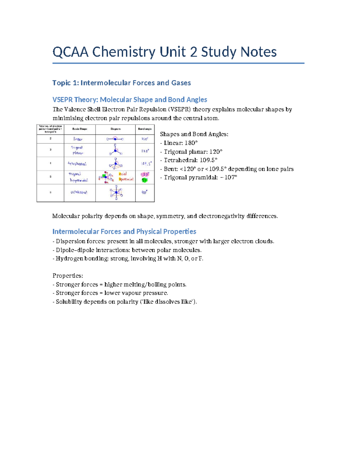 Chemistry Unit 2 Study Notes: Intermolecular Forces & Gas Behavior ...