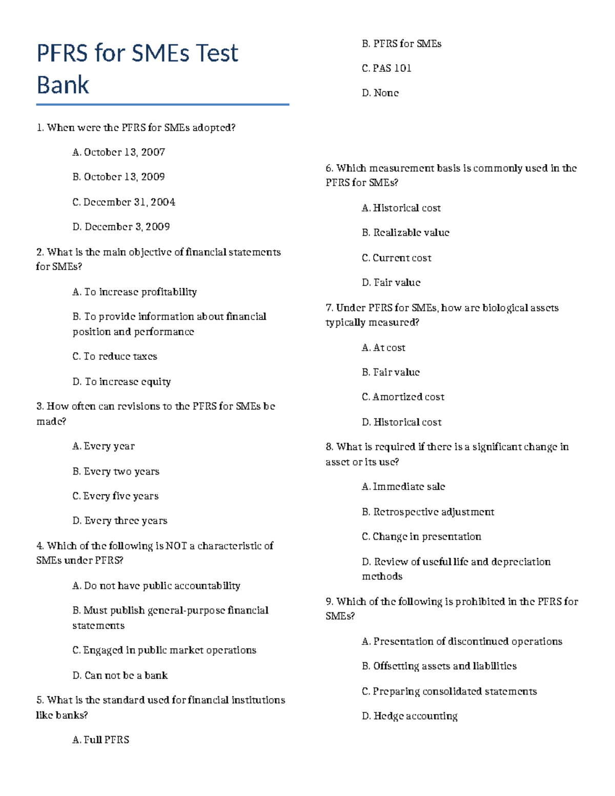 PFRS for SMEs Quizzer: Key Concepts and Questions - Studocu