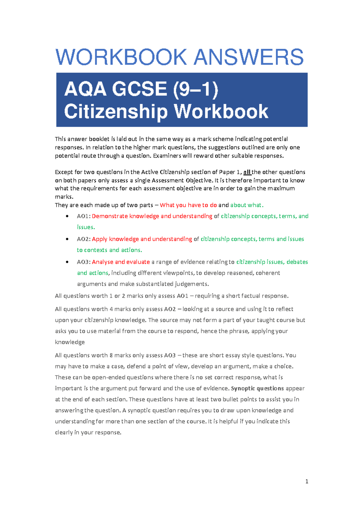 AQA GCSE Citizenship Workbook Answers (317208) - Exam Response Guide ...