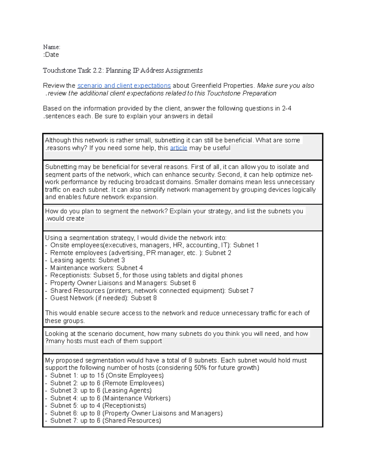 Touchstone Task 2.2: IP Address Planning & Subnetting Strategy - Studocu