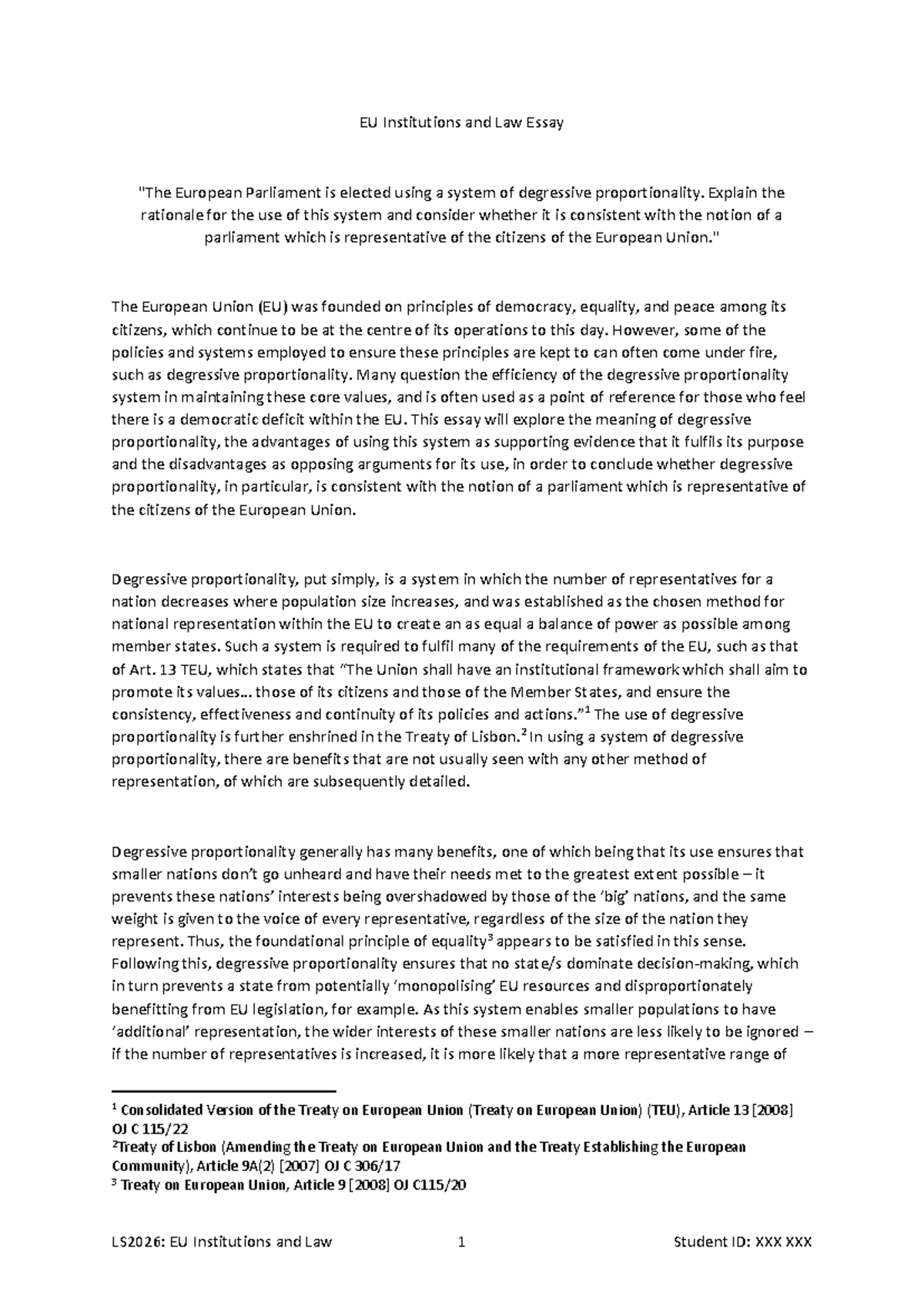 LS2026: Essay on Degressive Proportionality in EU Representation - Studocu