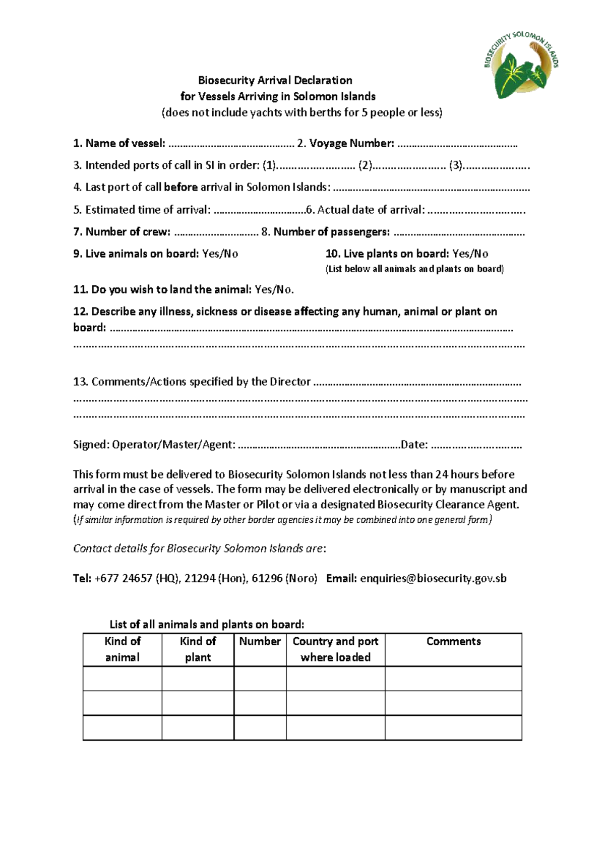 Form 4A - Biosecurity Arrival Declaration for Vessels in SI - Studocu