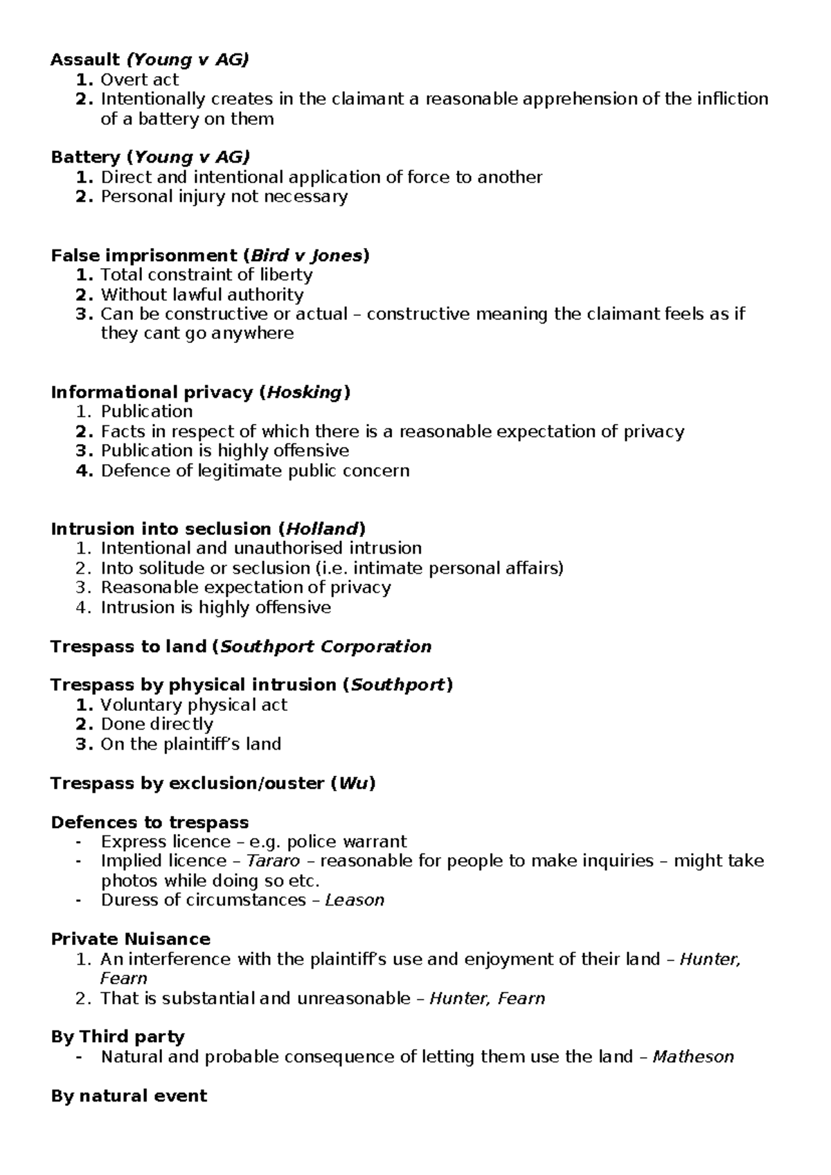 Torts Elements Overview: Key Cases and Principles - Studocu
