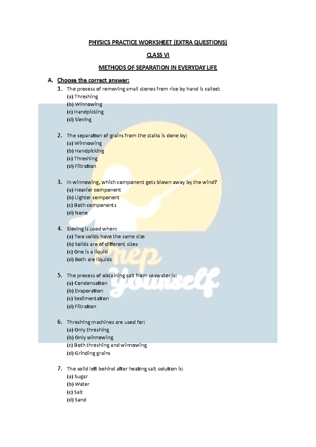 PHYSICS CLASS VI: Methods of Separation Extra Questions Worksheet - Studocu