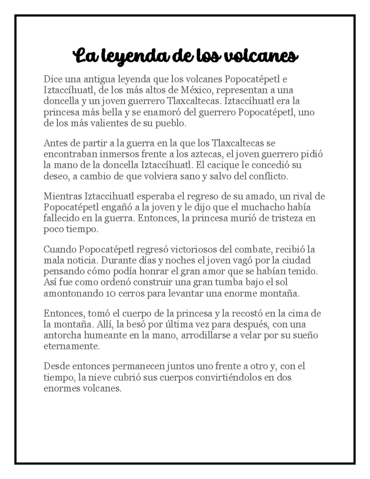 La leyenda de los volcanes: Popocatépetl e Iztaccíhuatl - Studocu