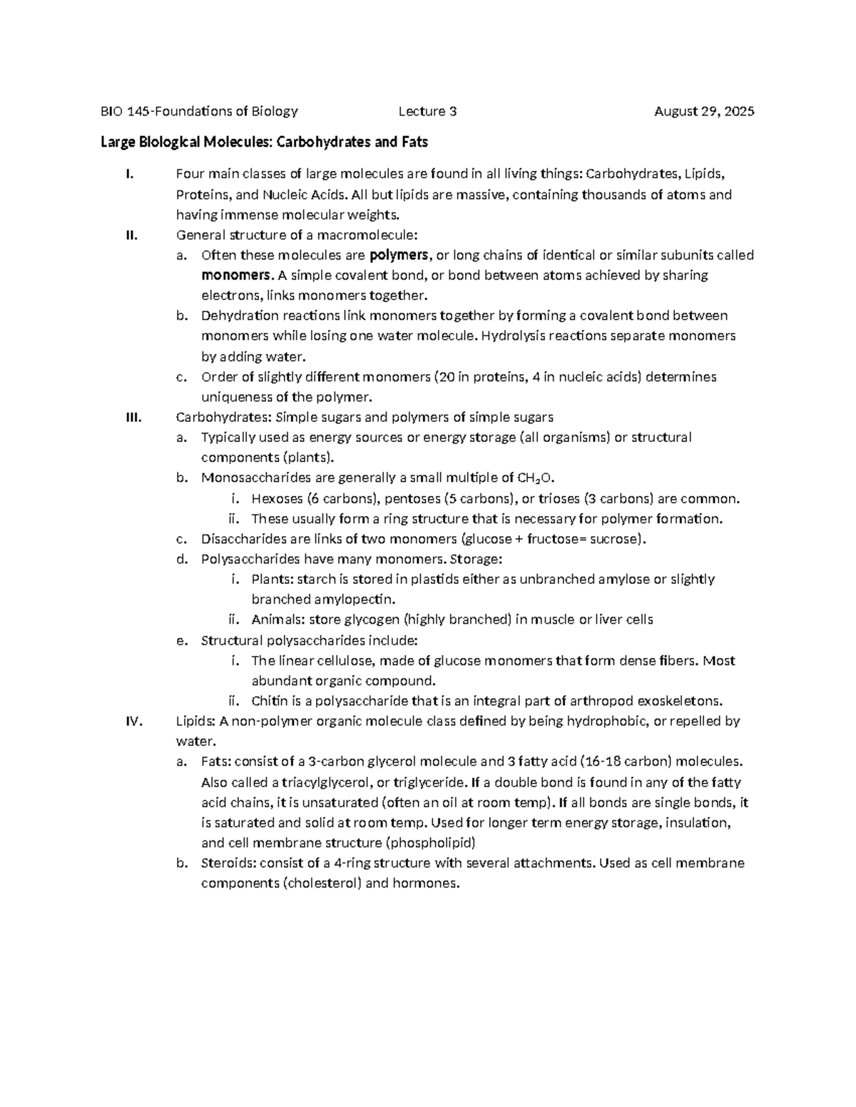 BIO 145 Lecture 03: Large Biological Molecules - Carbs & Lipids - Studocu