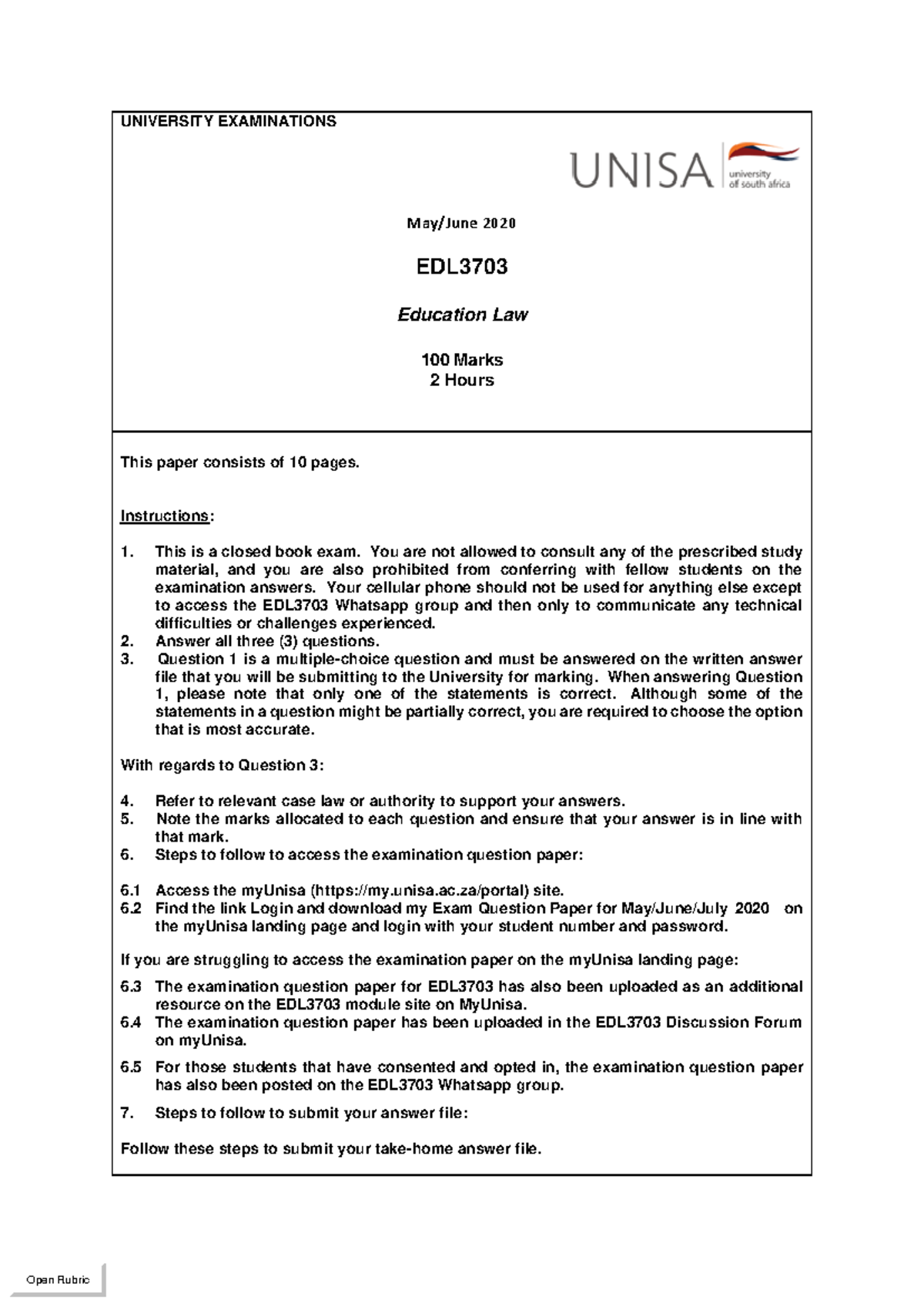 EDL3703 Final Exam May 2020 - Education Law Instructions and Questions ...