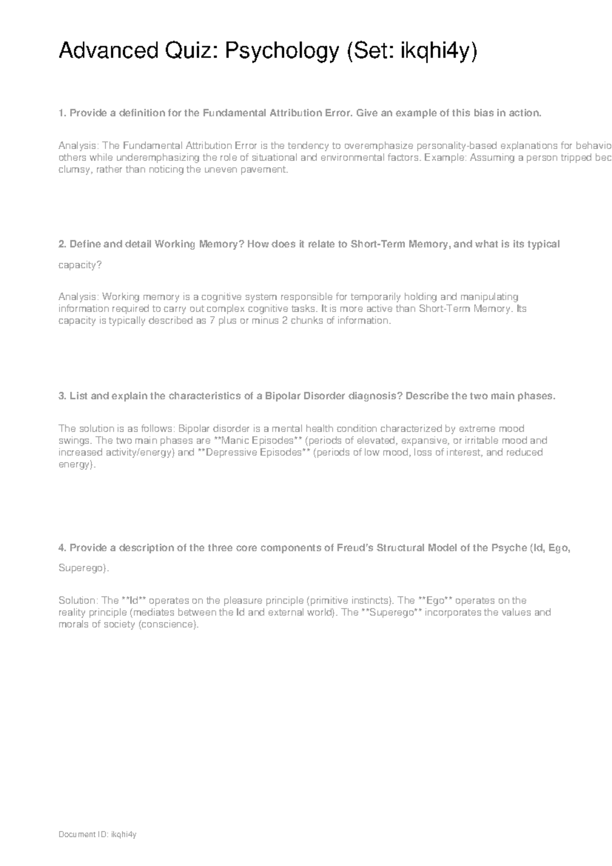 Advanced Quiz Solutions: Psychology (Set: ikqhi4y) - Studocu