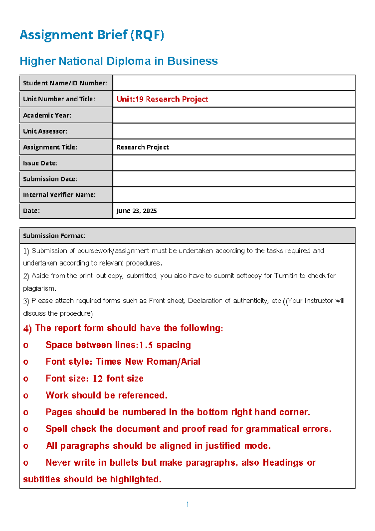 Unit 19 Research Project Assignment Brief - HND in Business - Studocu
