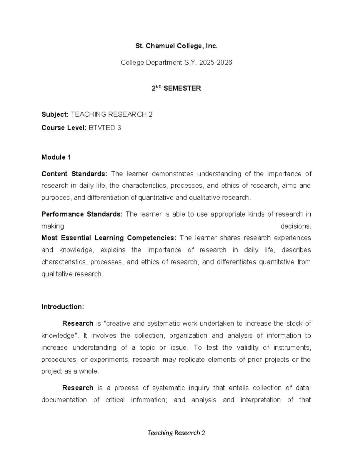 Teaching Research 2 (BTVTED 3) - Module 1 Study Notes - Studocu