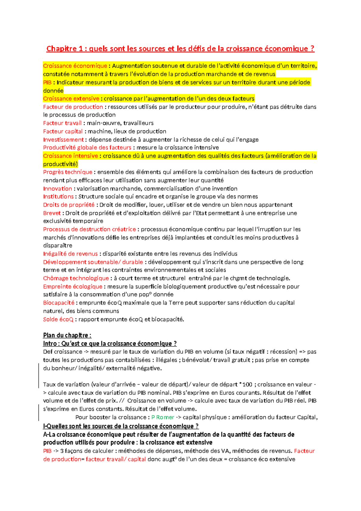 Chapitre 1 : Sources et Défis de la Croissance Économique - Studocu