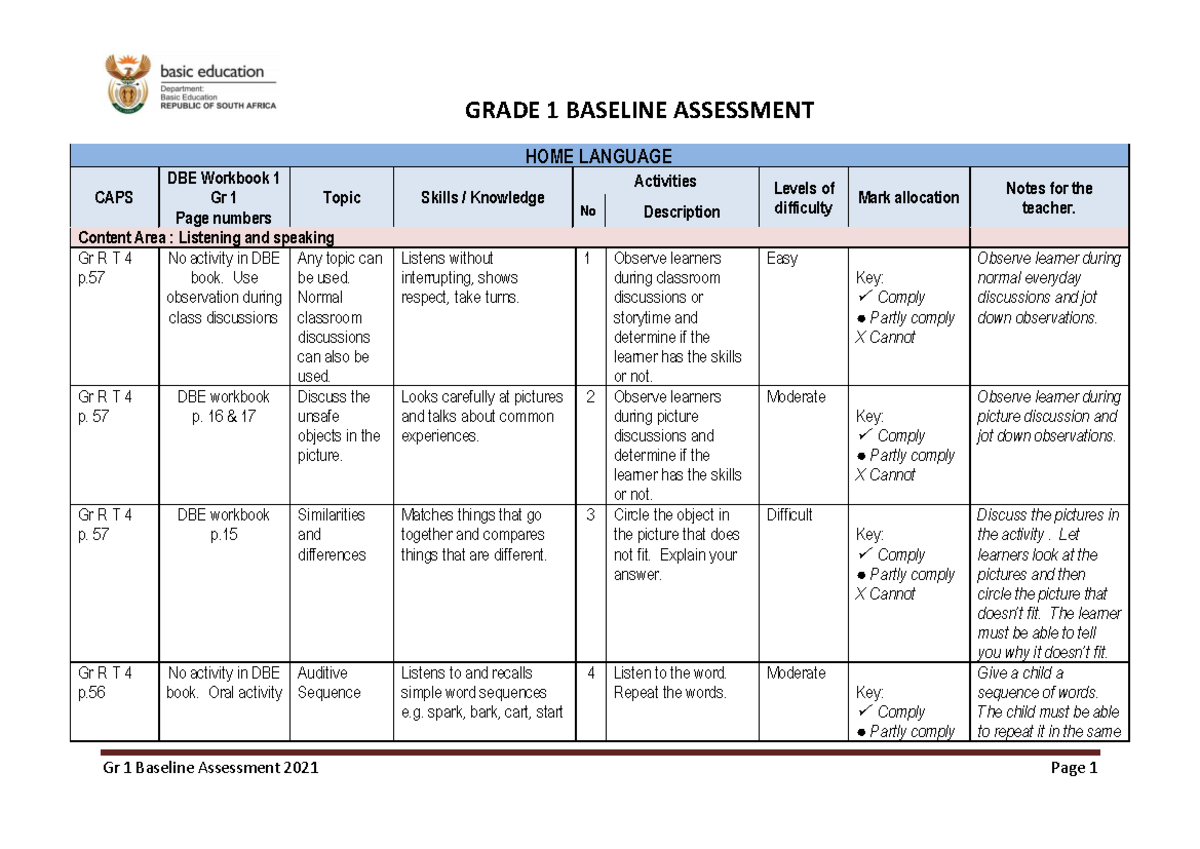 Grade 1 Baseline English HL - GRADE 1 BASELINE ASSESSMENT HOME LANGUAGE ...
