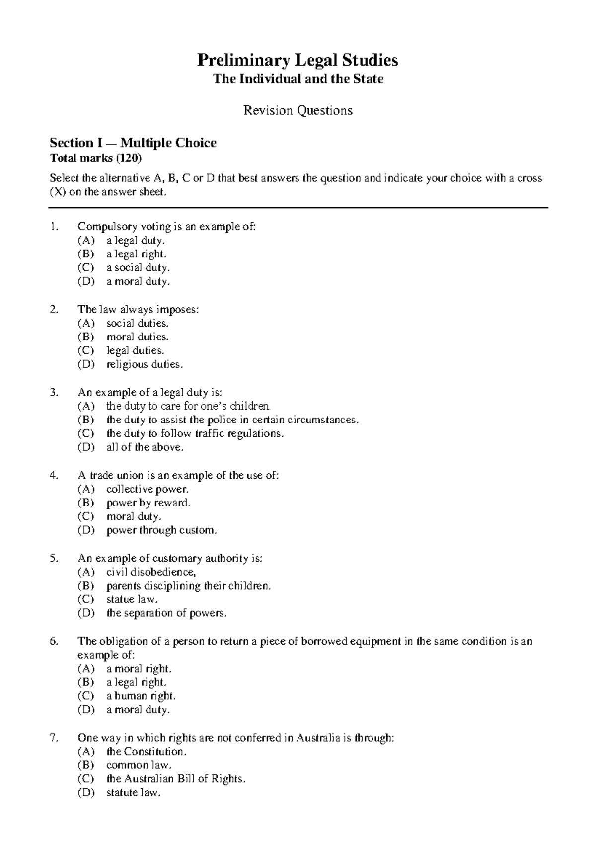 The Individual and the State (Legal Studies) Revision Questions - Studocu