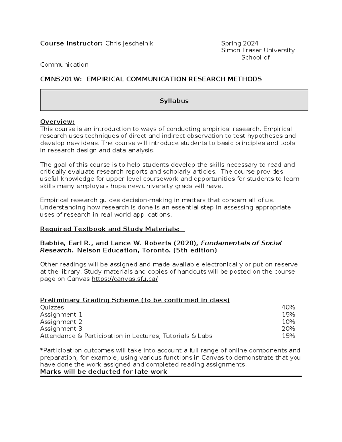 CMNS201W Empirical Research Methods Syllabus Spring 2024 - Studocu