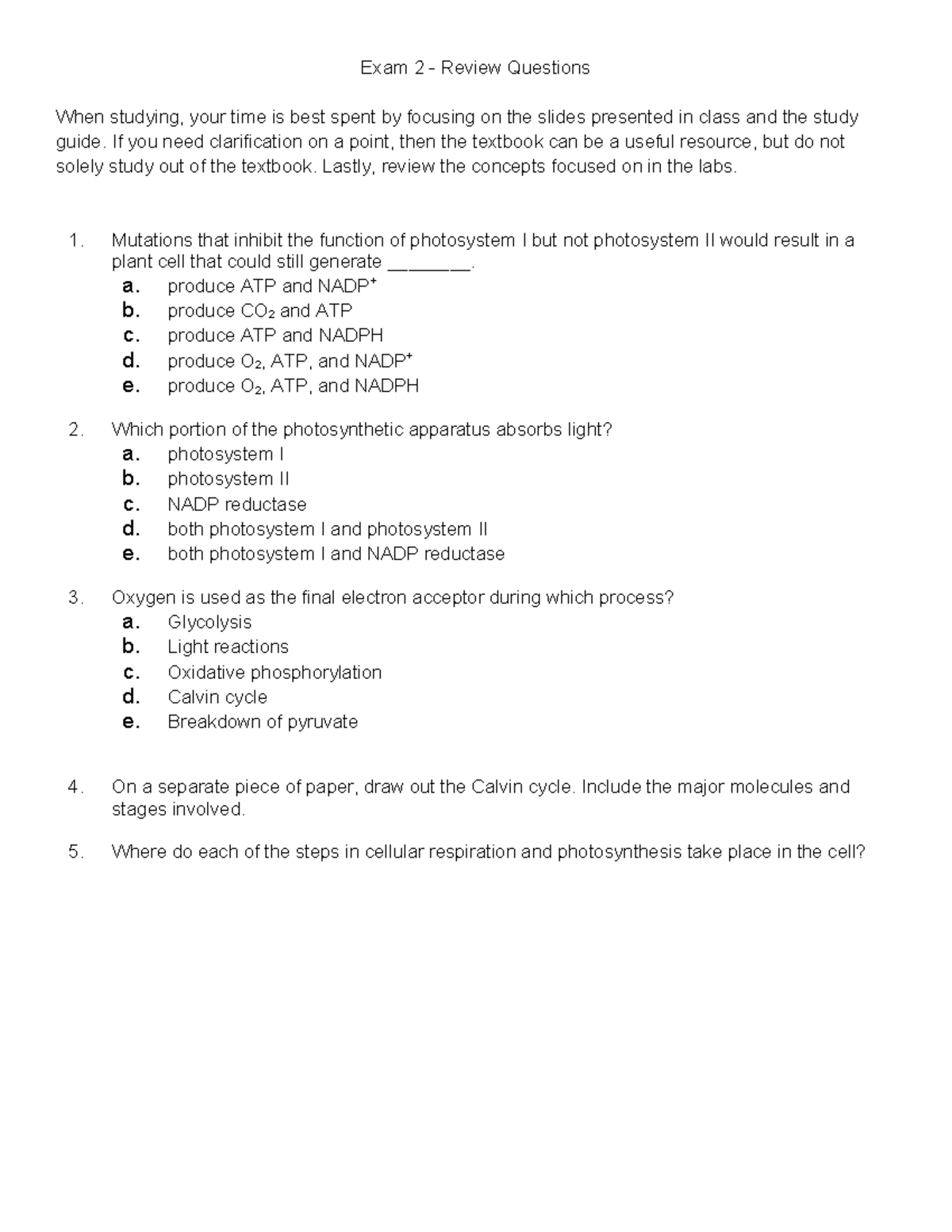Exam 2 Review Questions for Biology: Photosynthesis & Respiration - Studocu