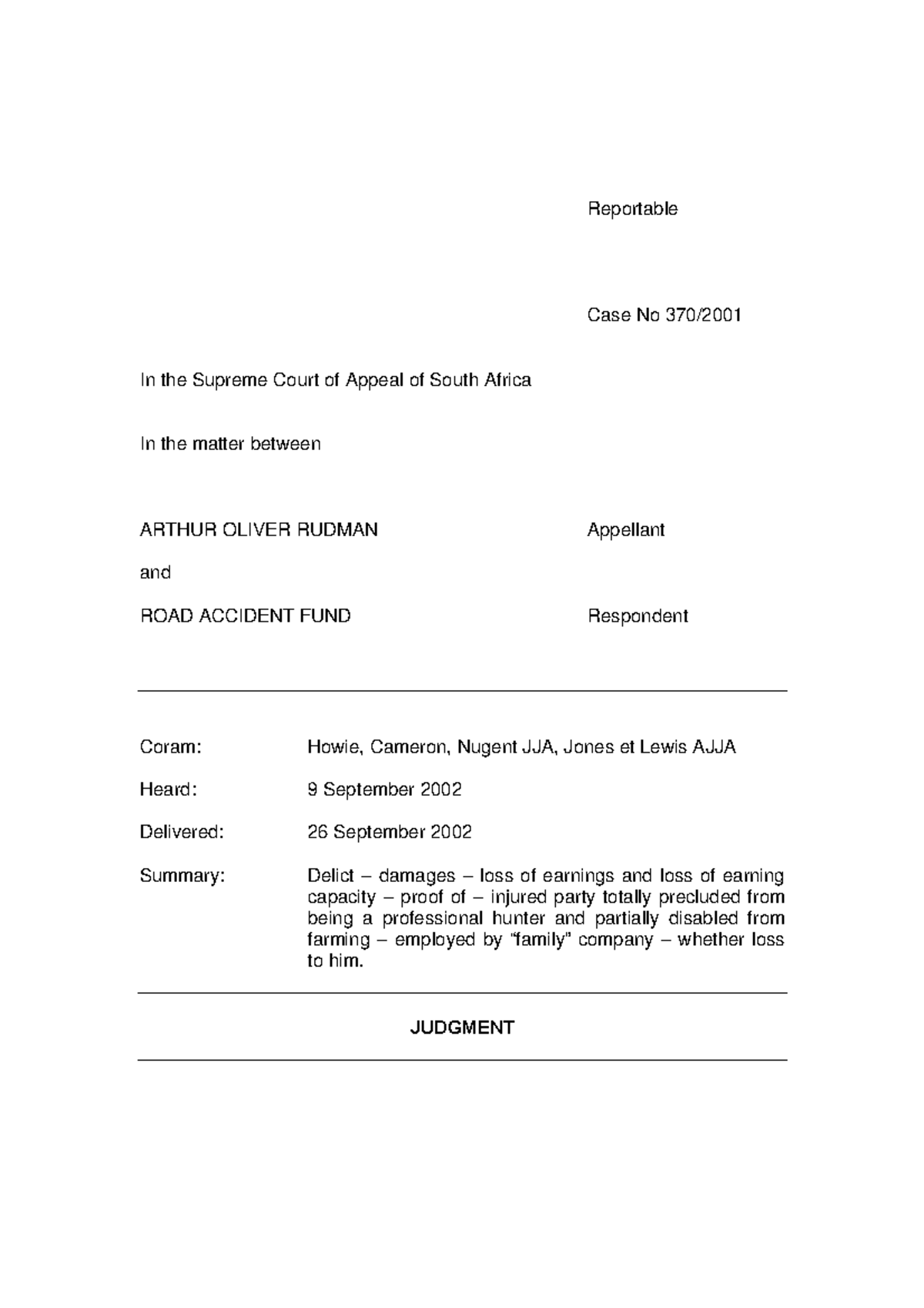 Rudman v RAF summary - Reportable Case No 370/ In the Supreme Court of ...