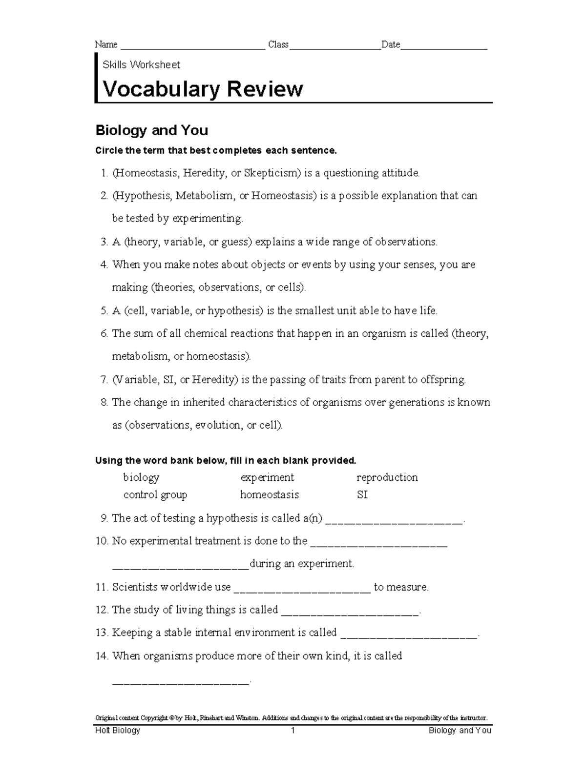 Holt Biology Vocab Review Worksheets: Comprehensive Study Guide - Studocu