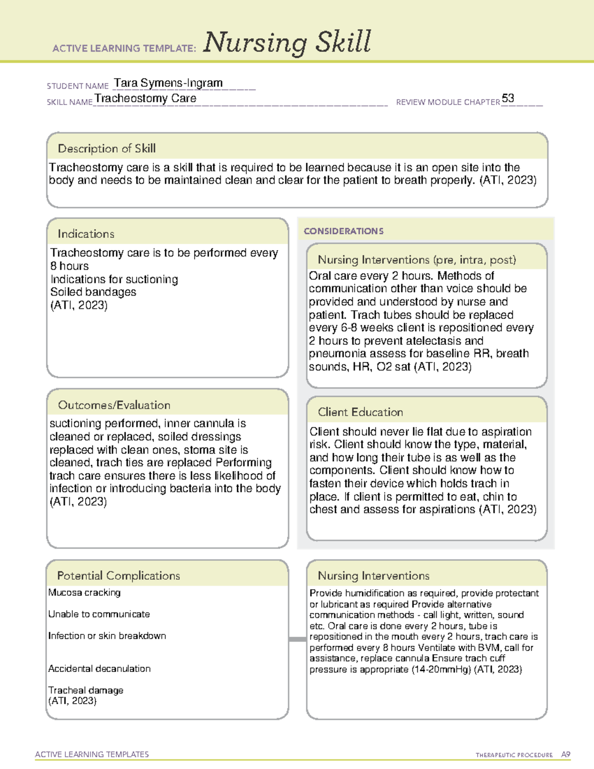 ACTIVE LEARNING TEMPLATE: Nursing Skill A9 - Tracheostomy Care - Studocu