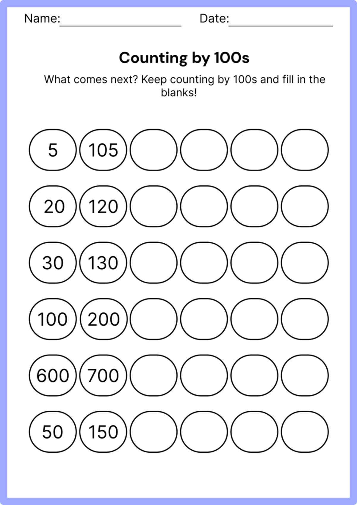 Counting by 100s (Non-Consecutive) Worksheet – Version 1 - Name: Date ...
