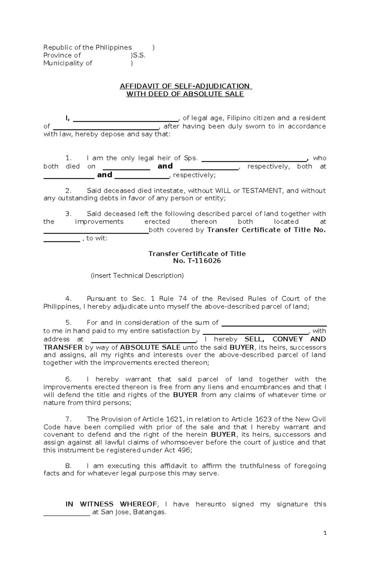 Affidavit of Self-Adjudication & Deed of Absolute Sale - Studocu