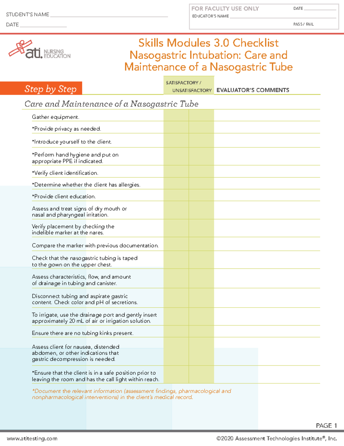 Skills Checklist NG tube Nasogastric Care - EDUCATOR IMPLEMENTATION ...