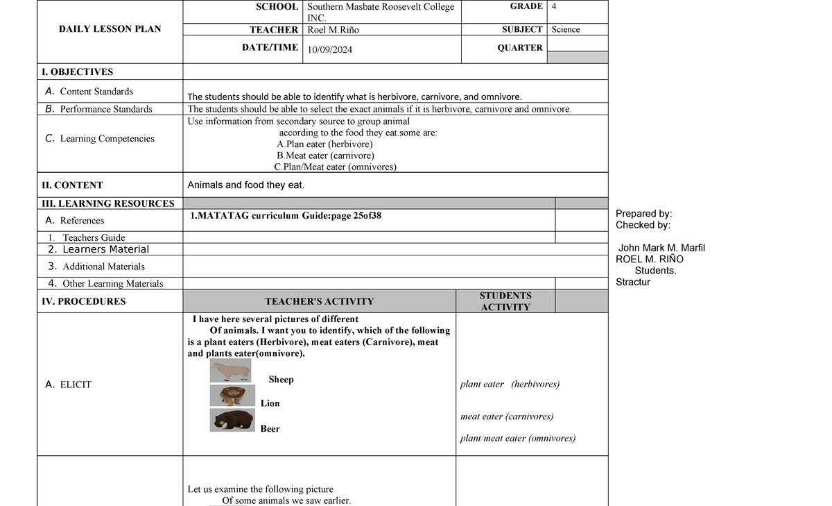 Grade 4 Science Daily Lesson Plan: Herbivores, Carnivores, Omnivores ...