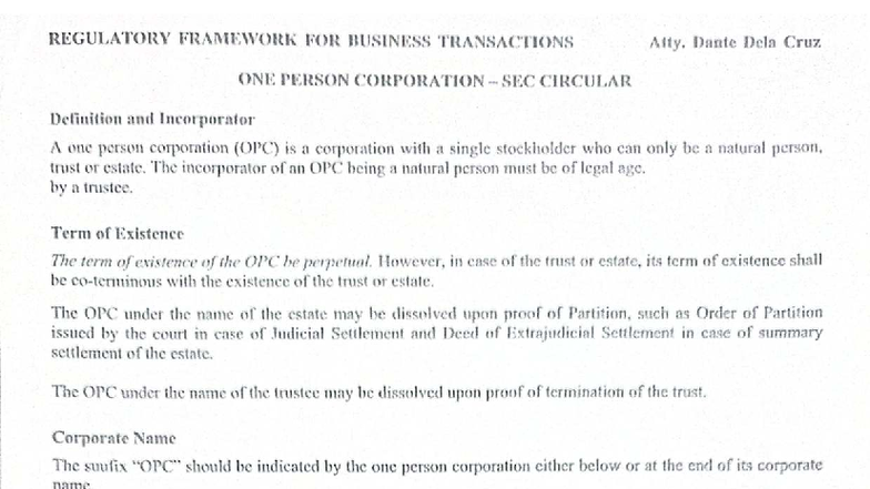 REGULATORY FRAMEWORK FOR ONE PERSON CORPORATION (OPC) 9250 - Studocu