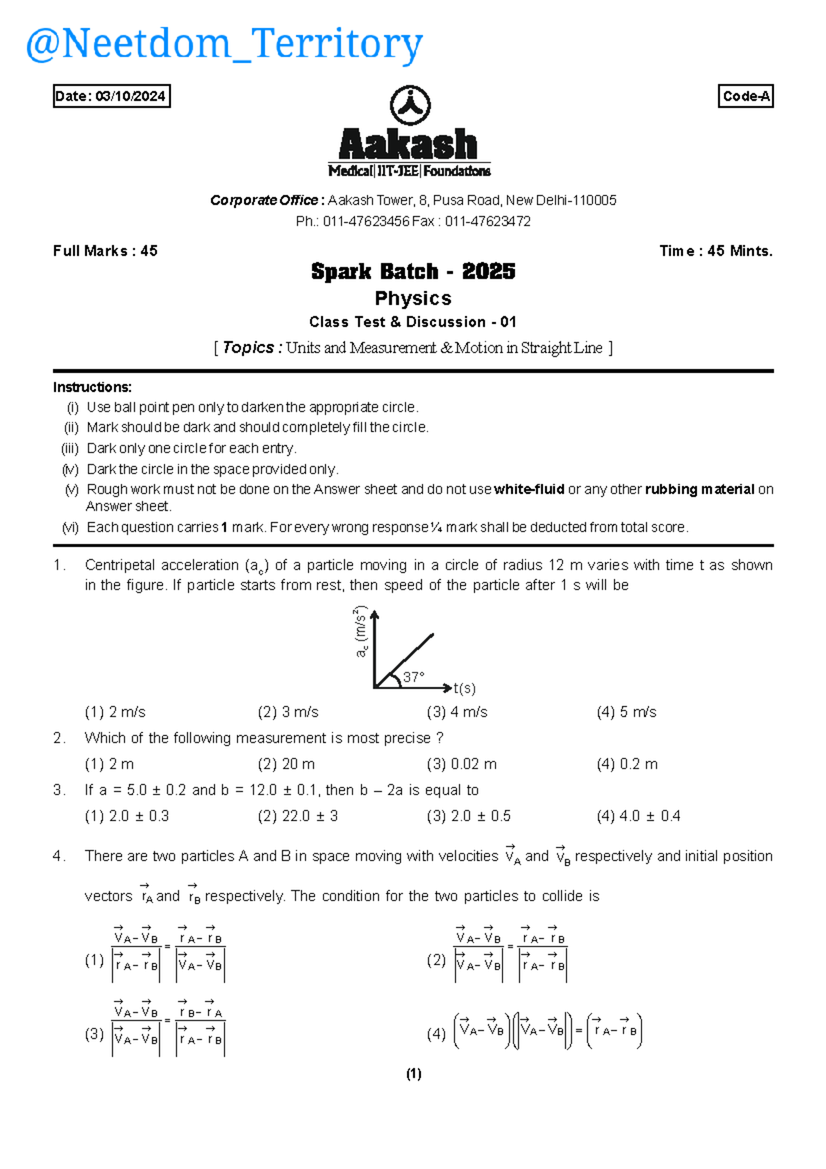 Physics - Class Test Series - 2025 - Spark Batch - Test 01 & 02 - Studocu