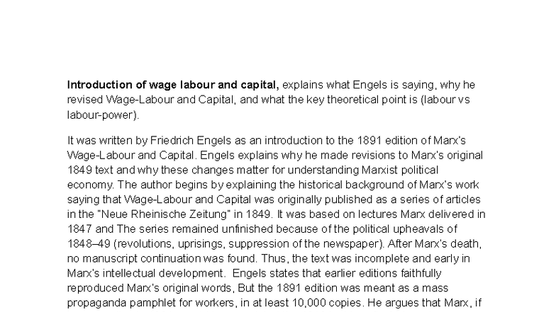Wage Labour and Capital: Engels' Insights on Marxist Theory - Studocu