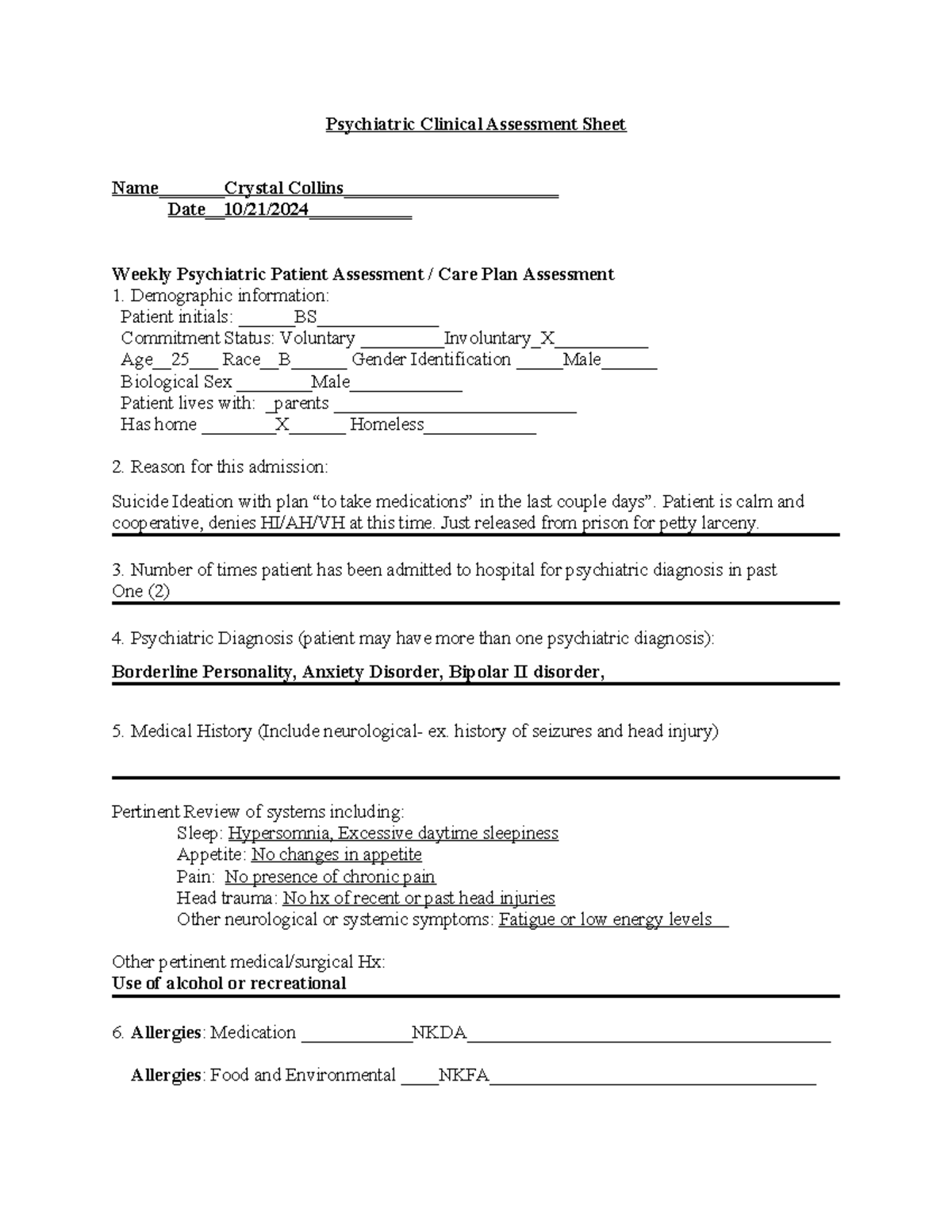 Clinical Psychiatric Assessment Sheet: Weekly Patient Review - Studocu