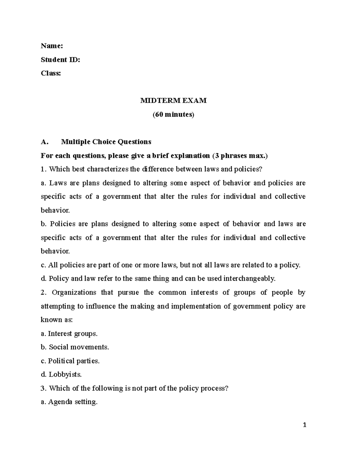 Midterm Exam: GOV 101 - Government and Public Policy Analysis - Studocu