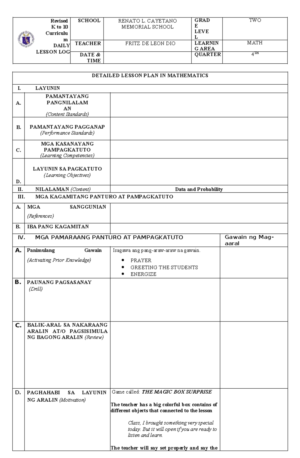 Math 4th Quarter Lesson Plan - Daily Teacher Log (K to 10) - Studocu