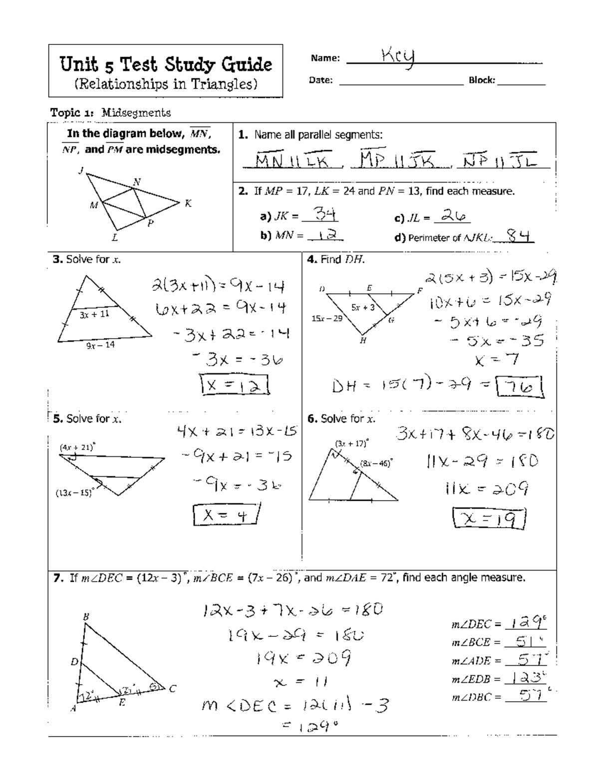 Ch 5 Review Answers: Midsegments & Triangle Relationships Study Guide ...