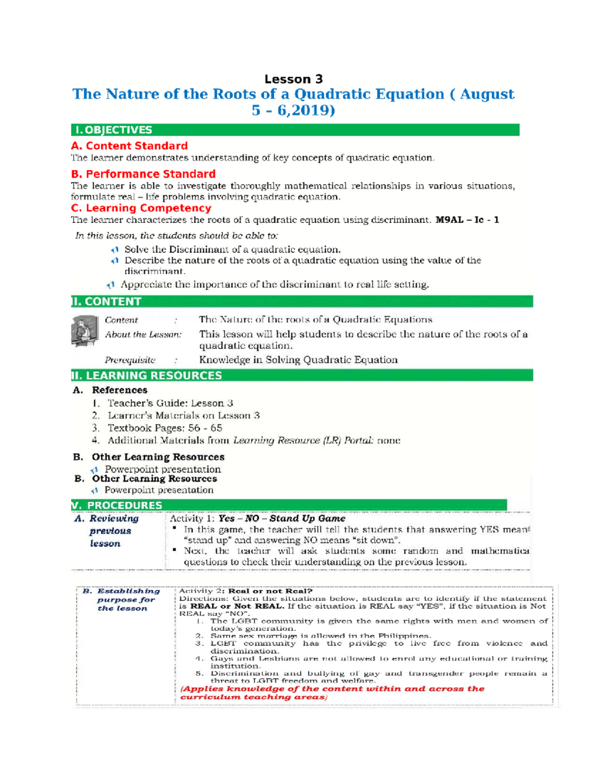 Lesson 3: Understanding the Nature of Quadratic Roots (M9AL Ic 1) - Studocu