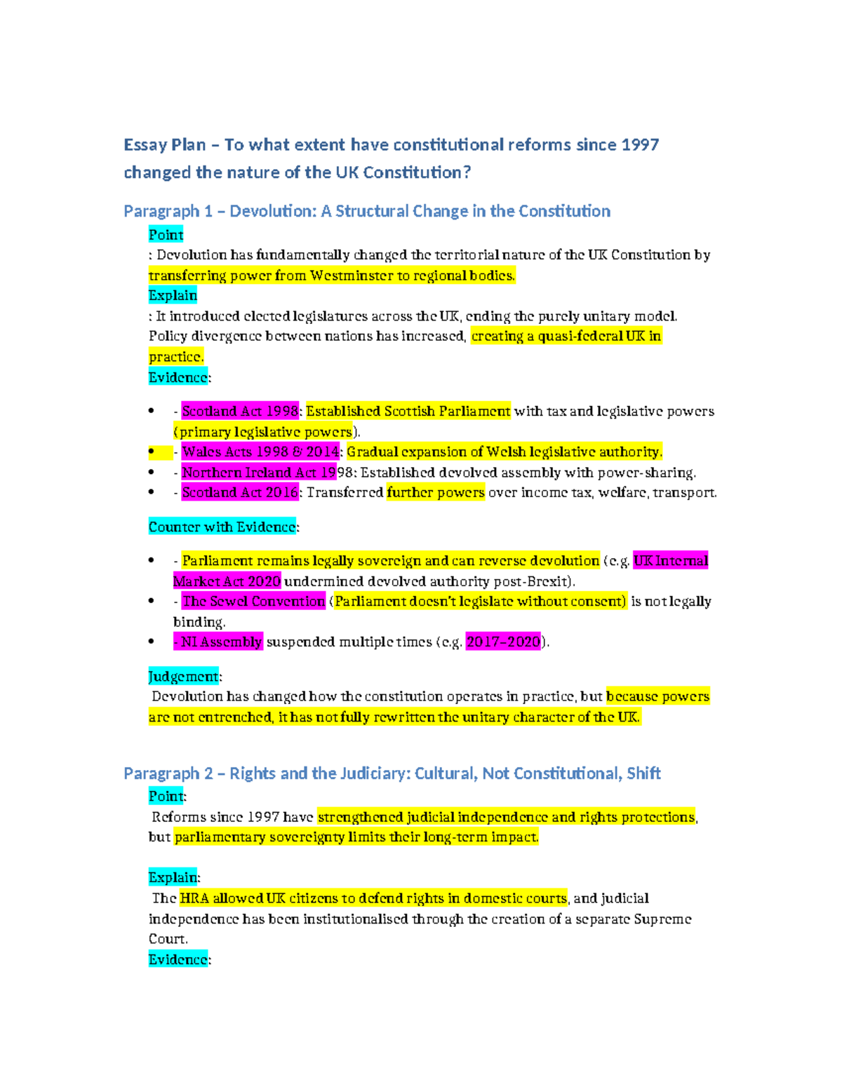 Essay Plan: Constitutional Reforms Since 1997 and Their Impact on the ...
