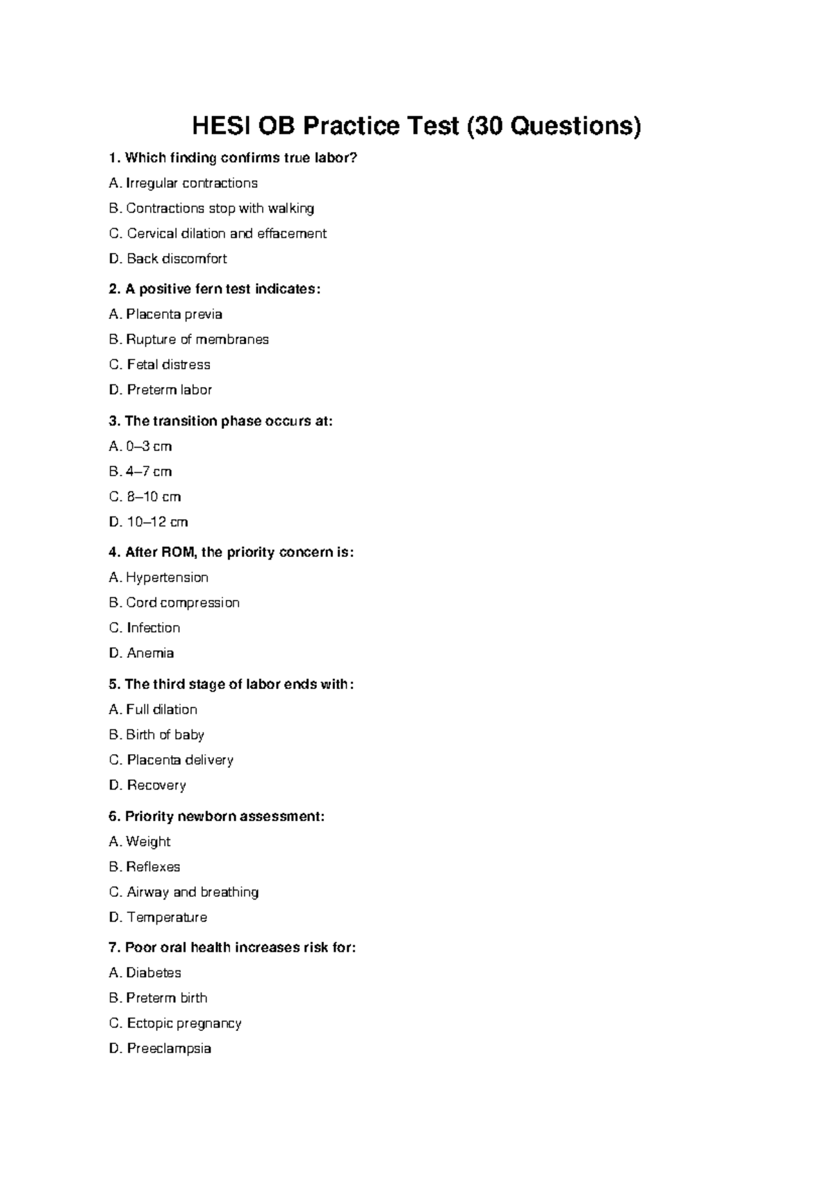 HESI OB 30 MCQ Practice Test: True Labor & Newborn Assessment - Studocu