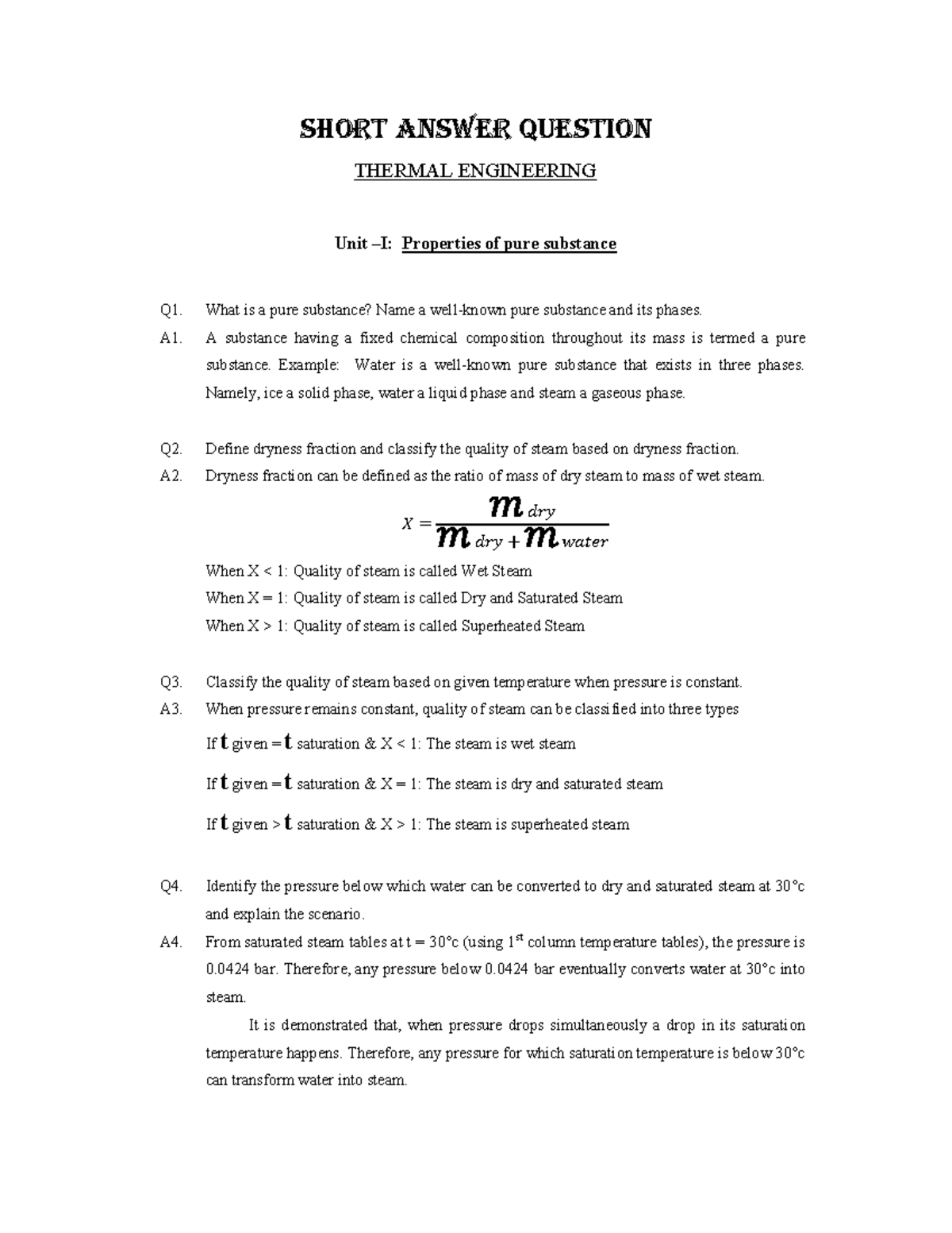 TE 103501 Short Answer Questions on Thermal Engineering Concepts - Studocu