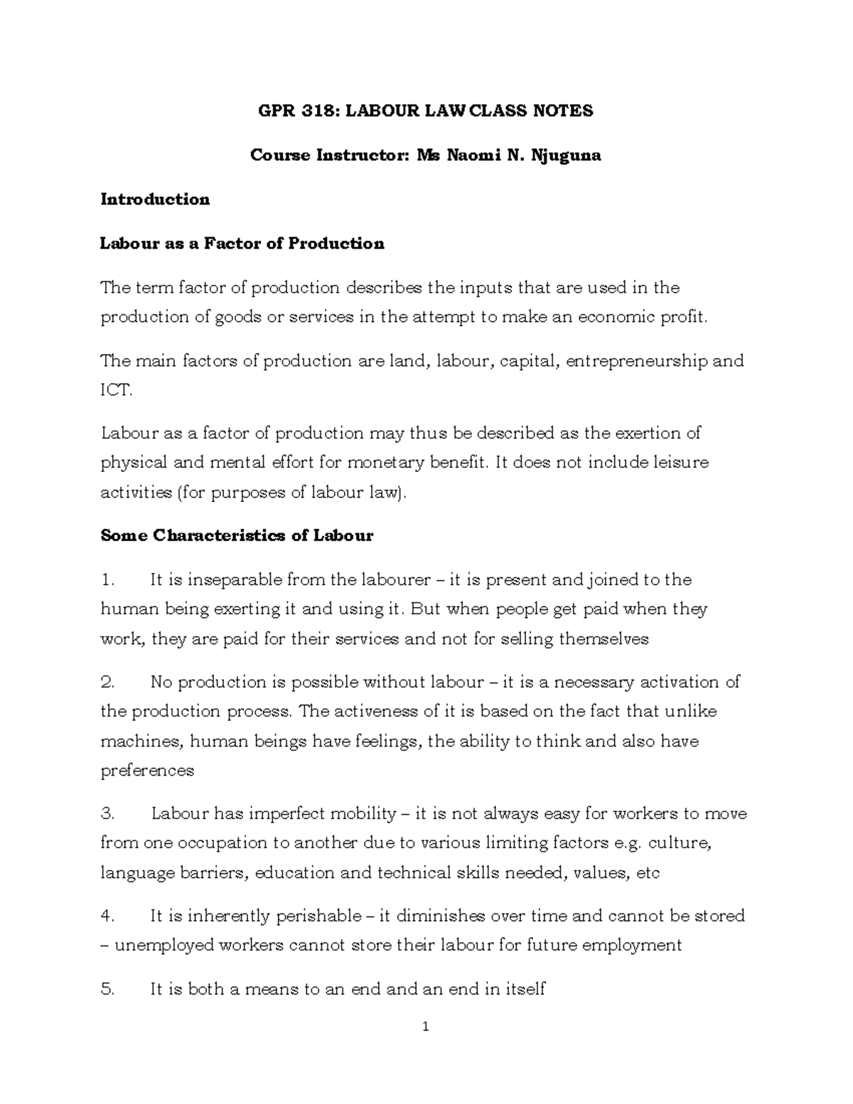 GPR 318: Labour Law Class Notes - Key Concepts and Foundations - Studocu