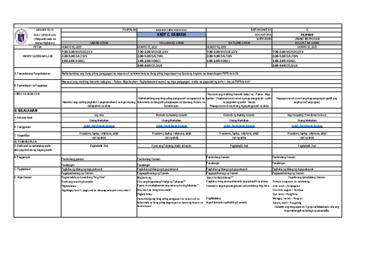 DLL-W1-QTR2.2: Daily Lesson Log for Filipino - Grade 9, 1st Quarter ...