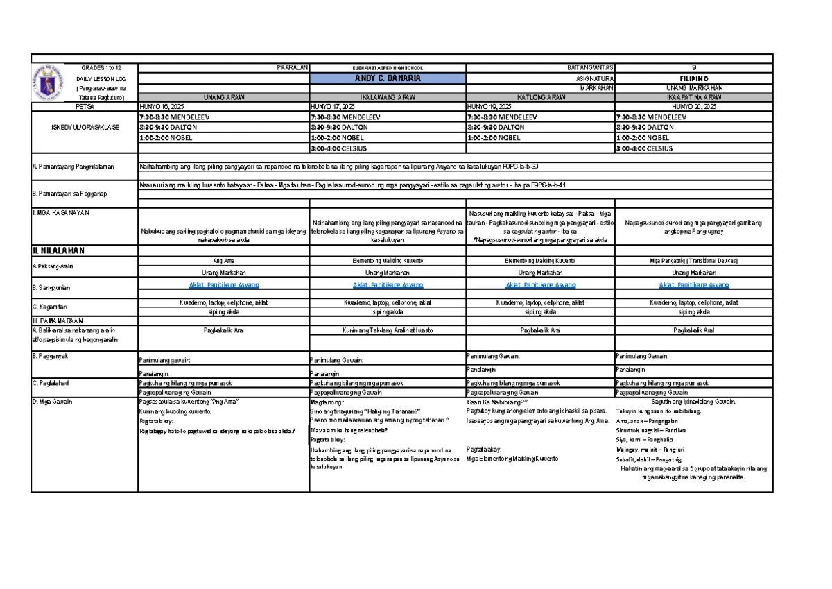 PAARALAN GRADE 9 DAILY LESSON LOG: FILIPINO UNANG MARKAHAN - Studocu