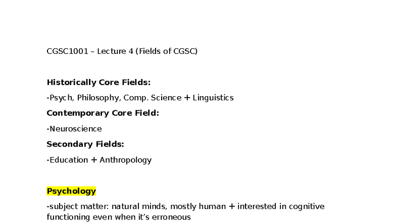 CGSC1001 Lecture 4: Exploring Core Fields in Cognitive Science - Studocu