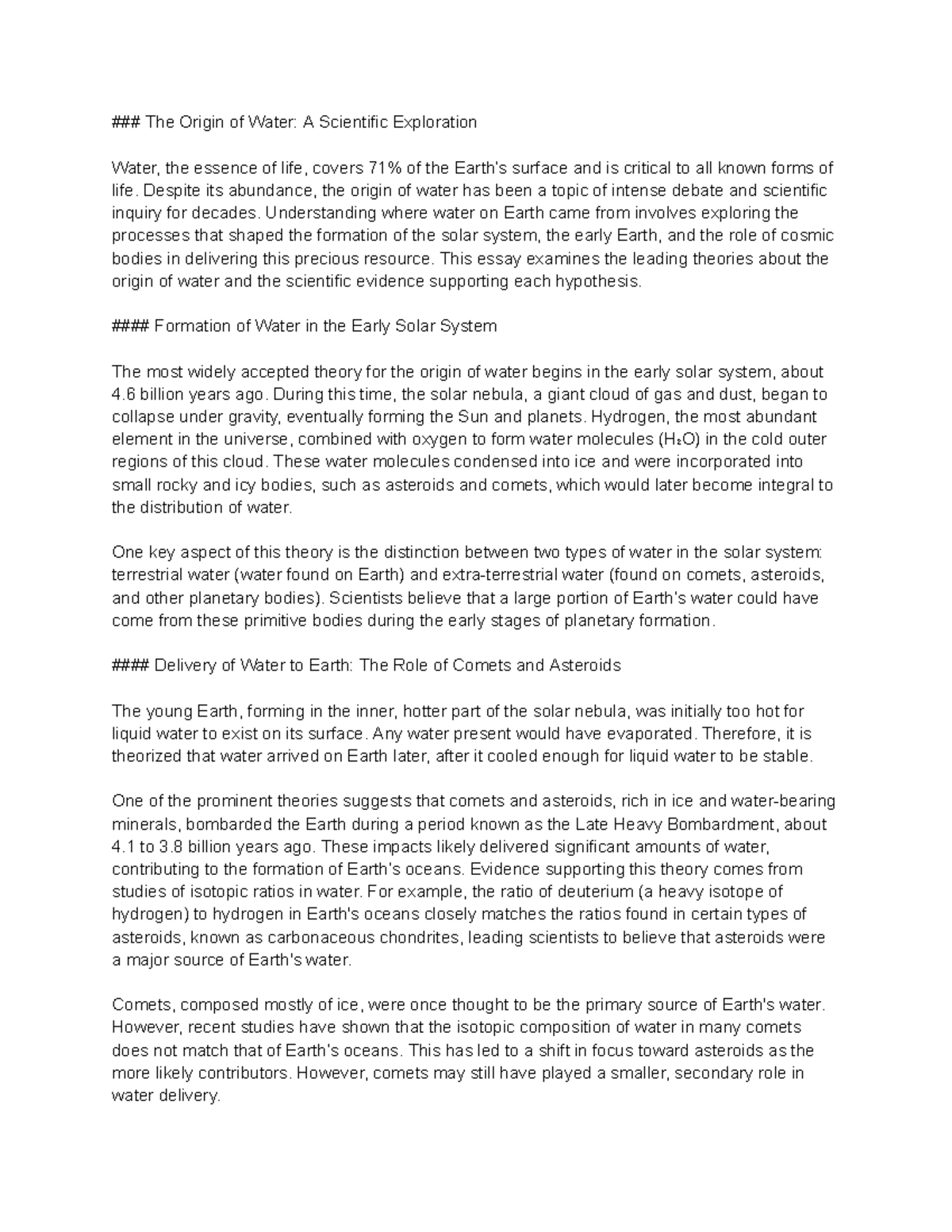Water essay - The Origin of Water: A Scientific Exploration Water, the ...