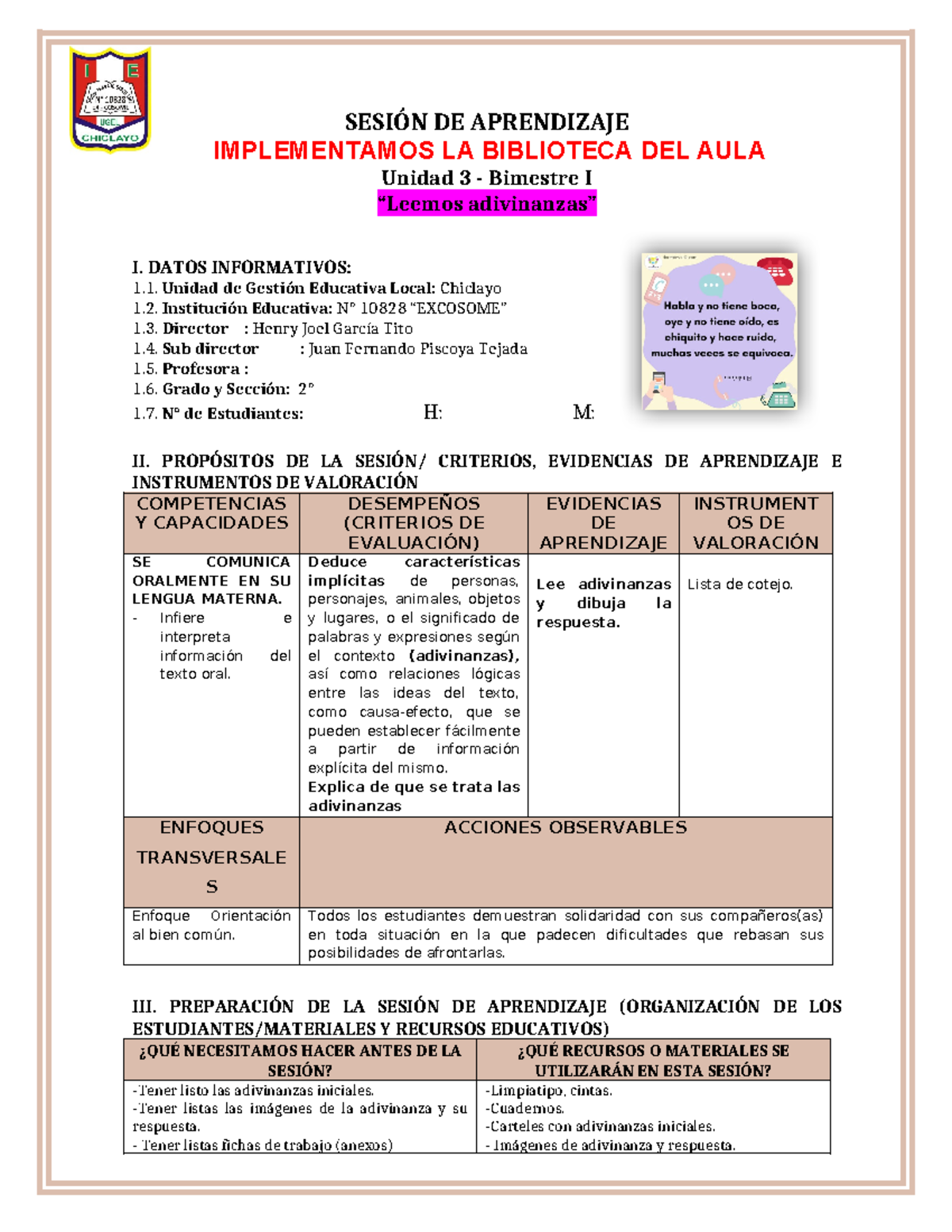 Sesion de Aprendizaje: Leemos Adivinanzas - Unidad 3 Bim I - Studocu